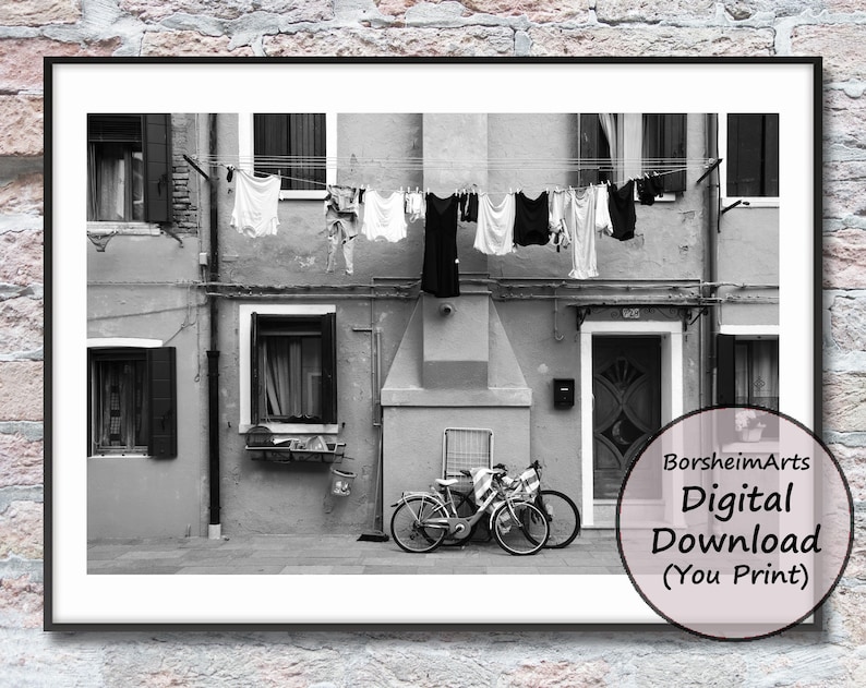 Black and White Hanging Laundry Photo With Bicycles, Venice Italy ...