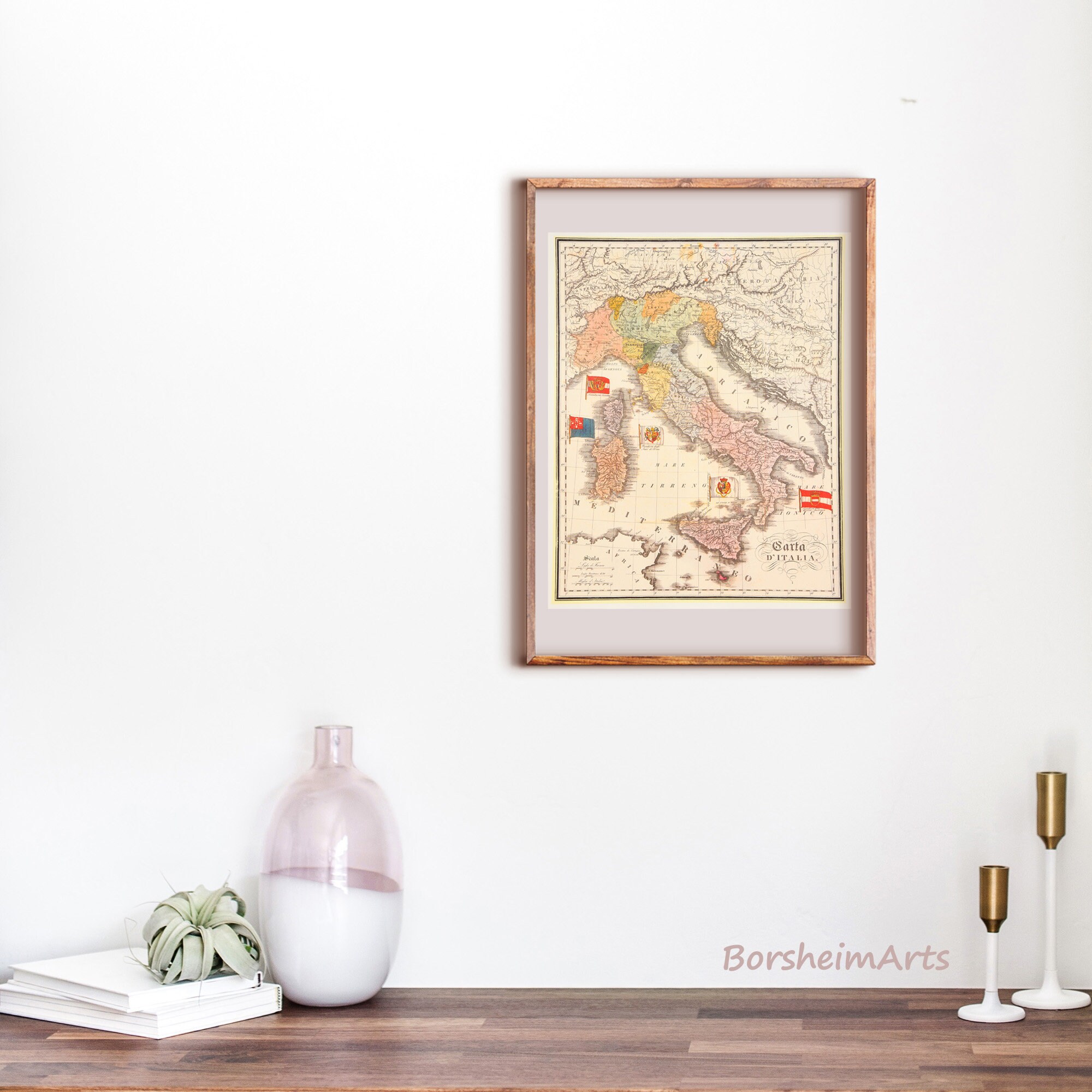 Old Historical Map of Italy Vintage Regional Flags & Tyrrhenian ...