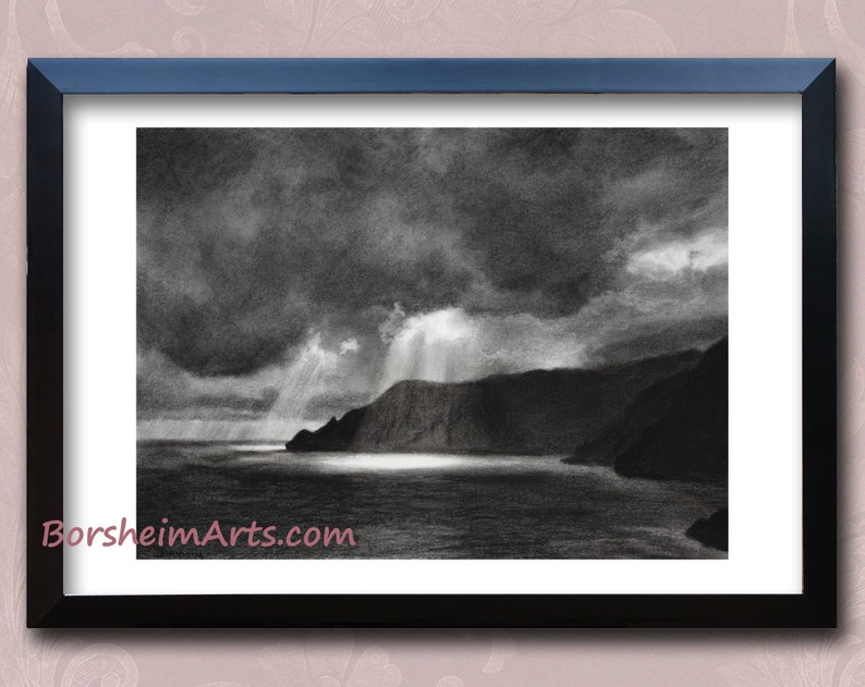Dramatic Skies Original Charcoal Drawing Framed Art, Dark Stormy Clouds ...