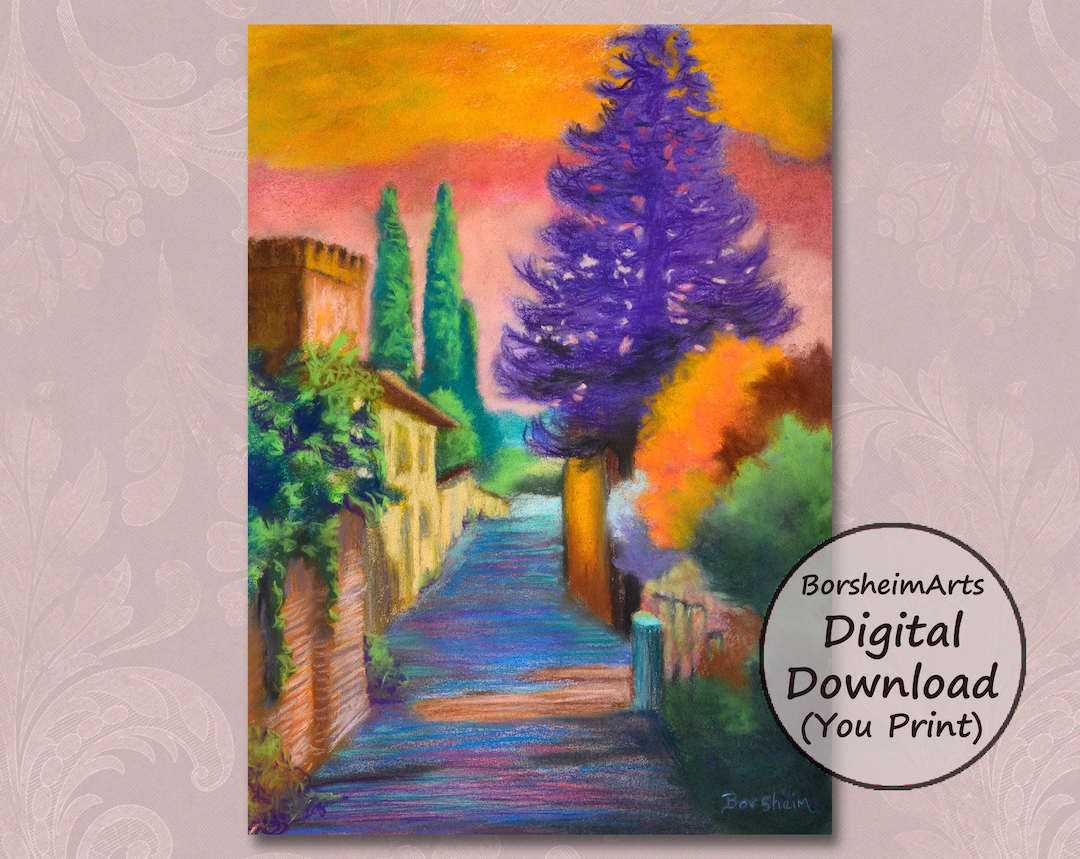 Colorful Tuscan Road Pastel Painting Purple Tree Wall Art, Cypress ...