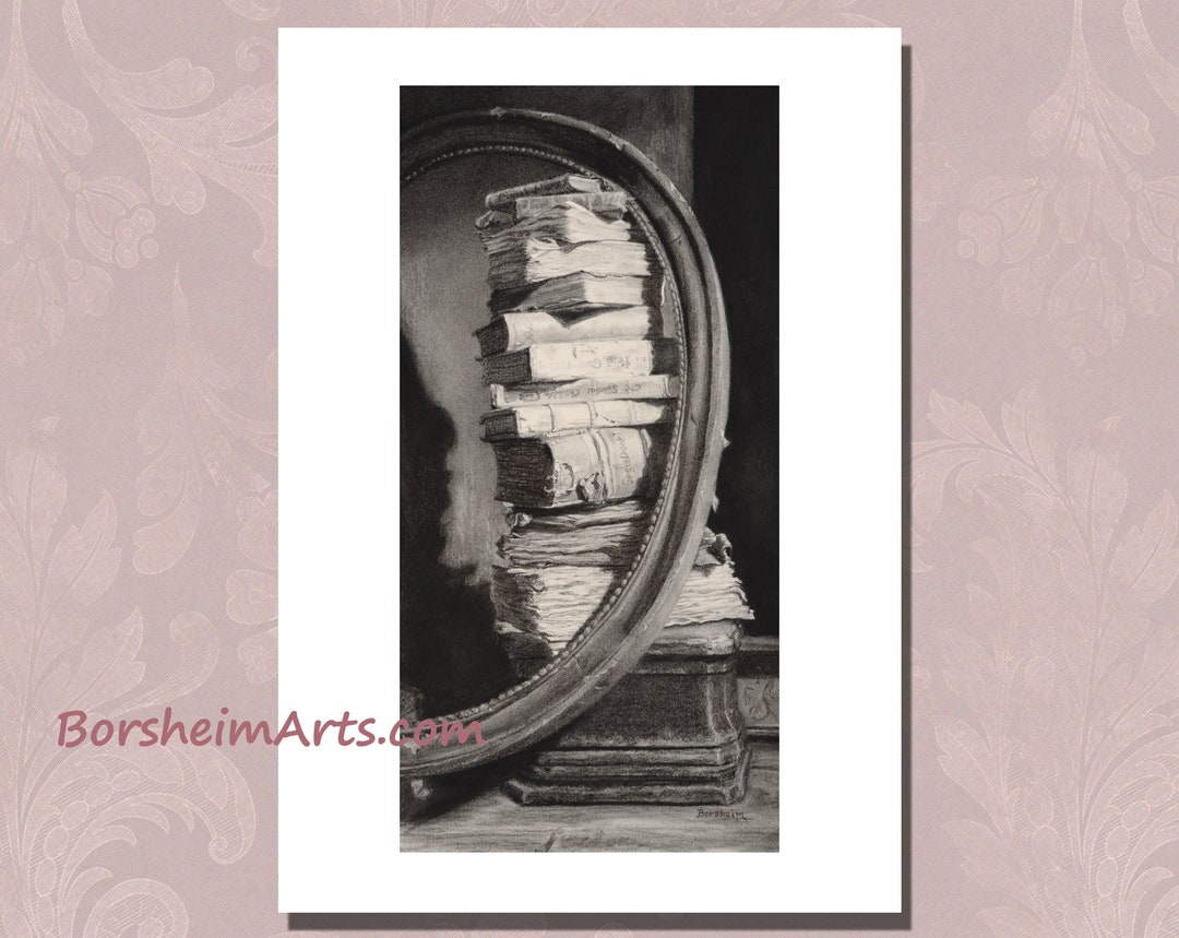 Book Stack Print, Pile of Old Books Wall Art, Charcoal Drawing Print ...