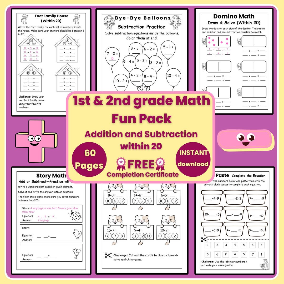Addition and Subtraction Worksheets for 1st and 2nd Grade | 60-page ...