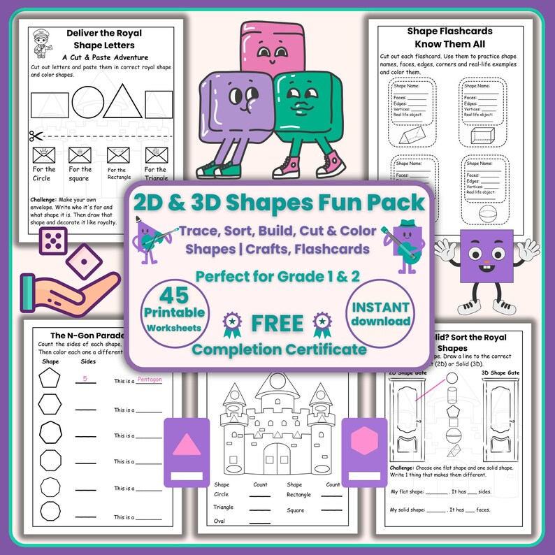 2D and 3D Shapes Worksheets for Grade 1 and 2 | Homeschool Geometry ...