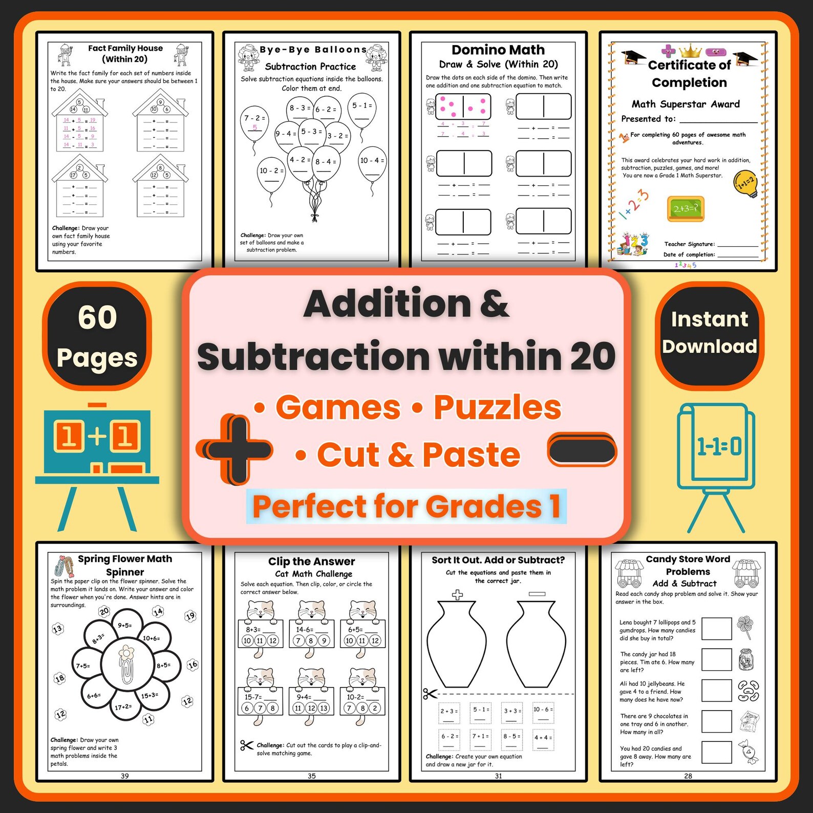 Addition & Subtraction Worksheets: 1st Grade Math Fun Pack (PDF ...