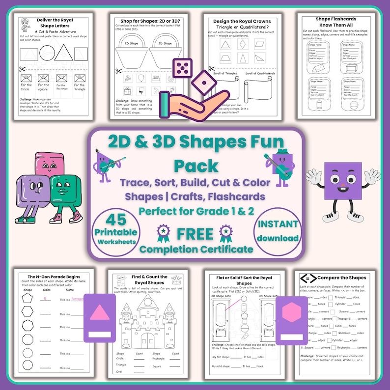 2D and 3D Shapes Worksheets for Grade 1 and 2 | Homeschool Geometry ...