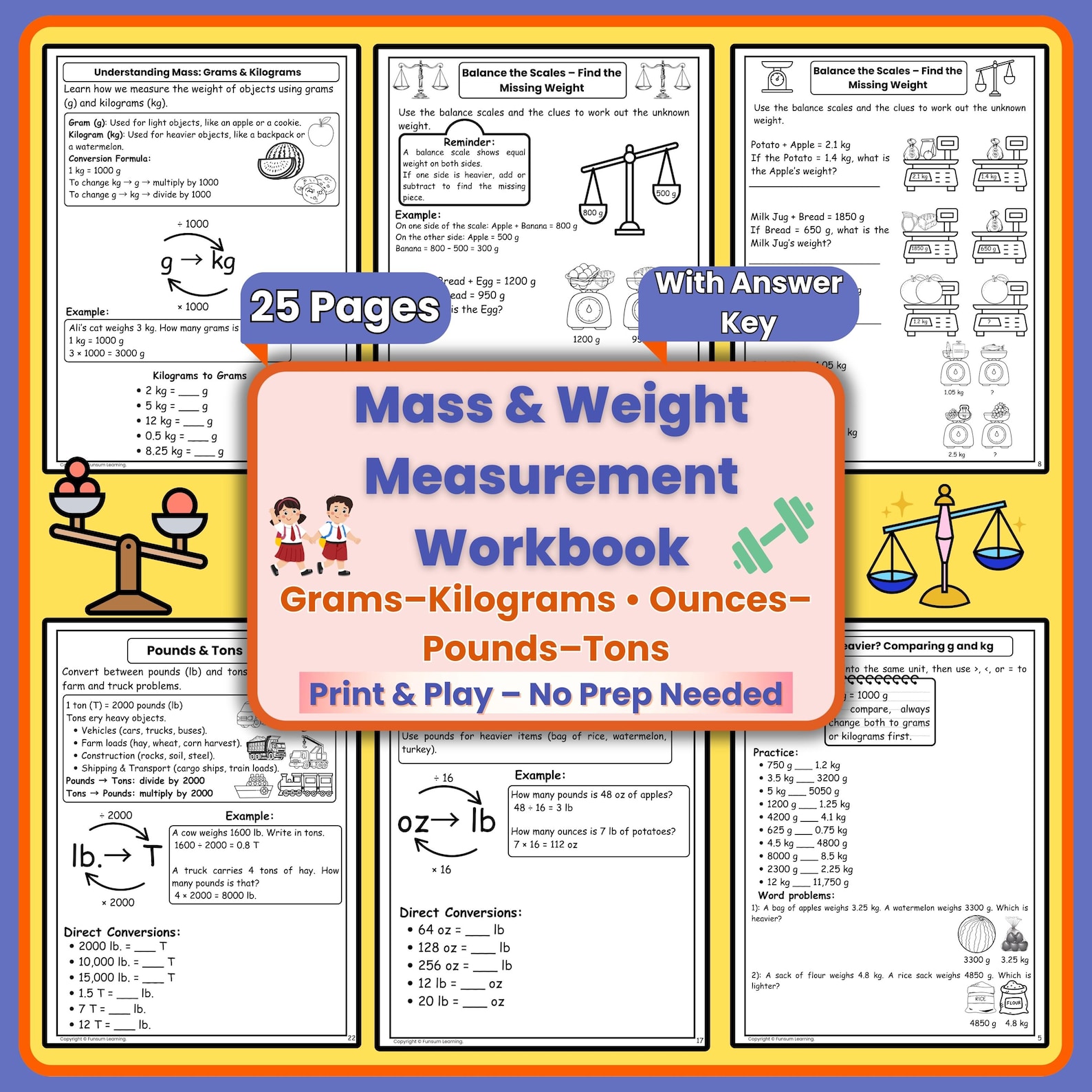 Weight Measurement Worksheets | Grams to Kilograms & Pounds Conversion ...