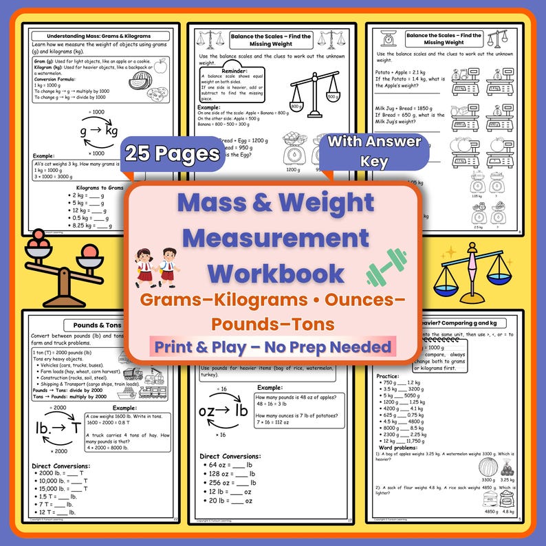 Weight Measurement Worksheets | Grams to Kilograms & Pounds Conversion ...
