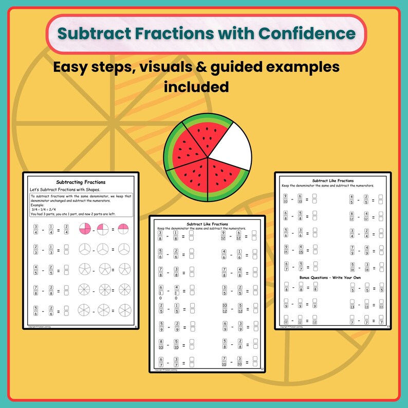 Grade 3 Fractions Worksheets | Add, Subtract, Mixed & Improper (PDF) - Etsy
