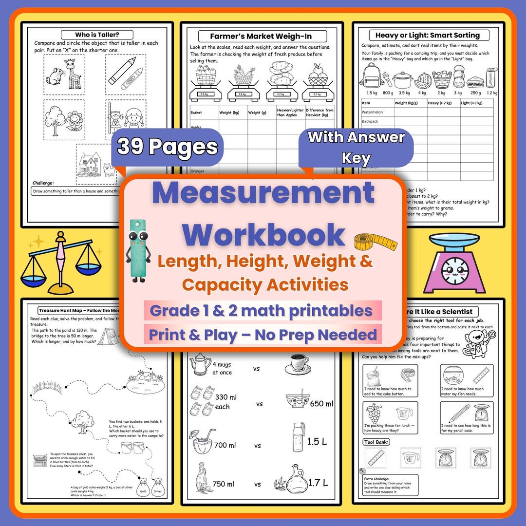1st-2nd Grade Measurement Worksheets: Math Logic Games (PDF Download ...