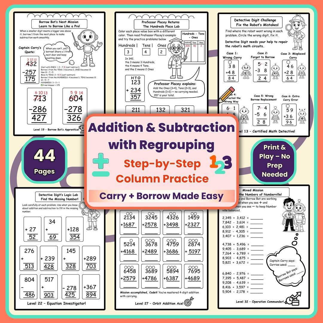 Addition & Subtraction With Regrouping | Carry and Borrow Math Workbook ...