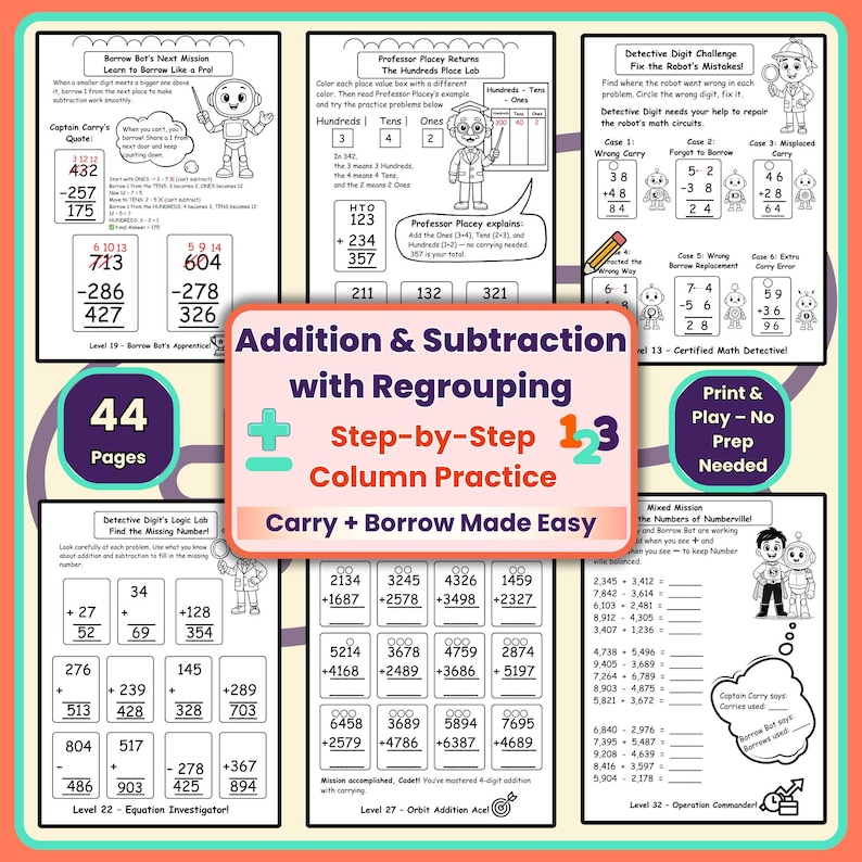 Addition & Subtraction With Regrouping | Carry and Borrow Math Workbook ...