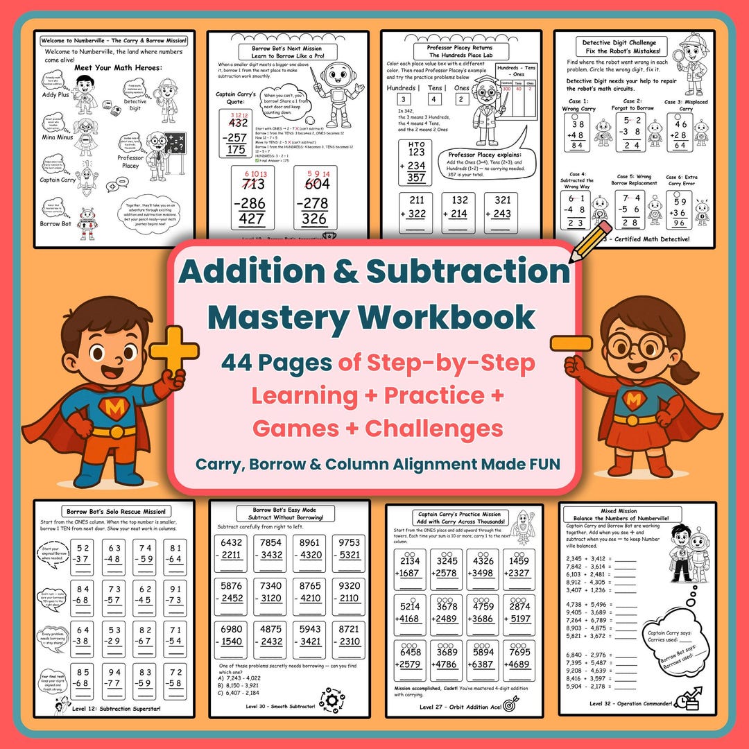 Addition & Subtraction Math Workbook: Grades 2-3 (PDF) - Etsy