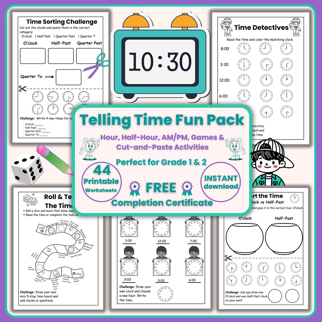 Printable Telling Time Worksheets Bundle | Learn Time Fun | AM PM ...