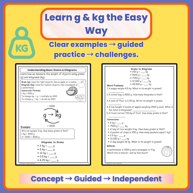 Weight Measurement Worksheets | Grams to Kilograms & Pounds Conversion ...