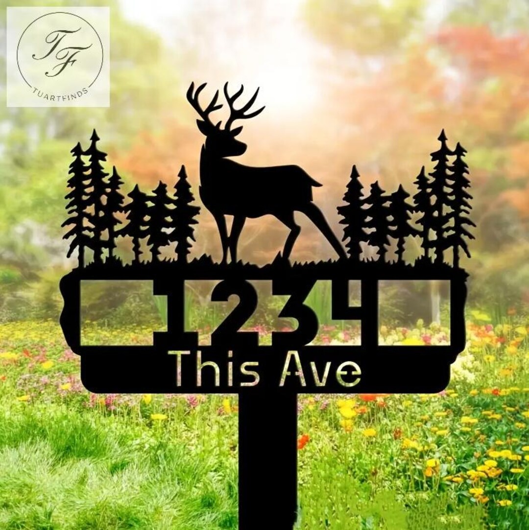 Custom Metal Deer & Pine Tree Address Sign – Personalized House Number ...