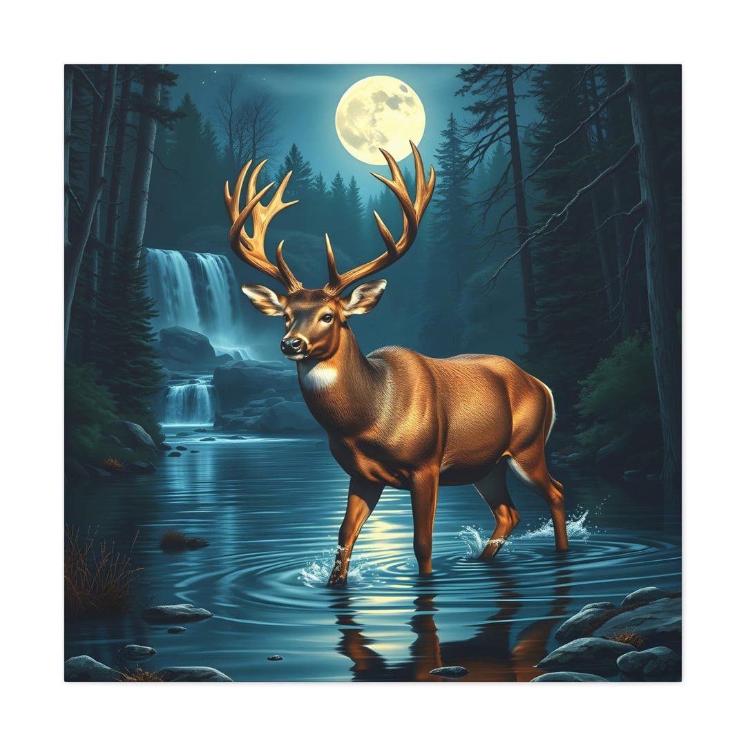 Whitetail Deer Buck on A Moonlit Night With Waterfalls in the ...