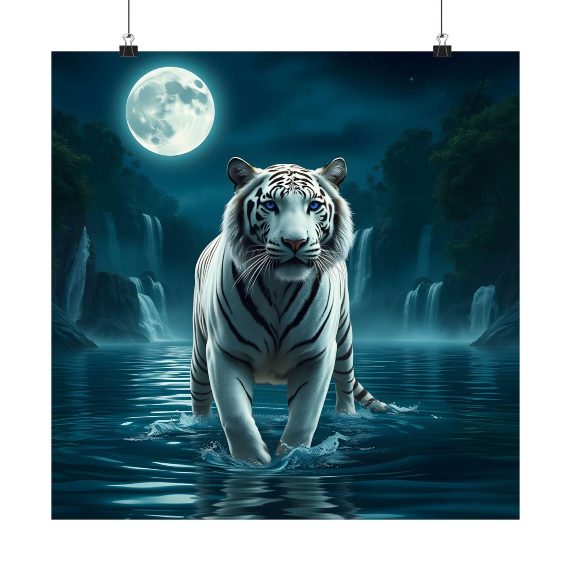 Beautiful White Tiger in the Moonlight With Waterfalls Wildlife Matte ...