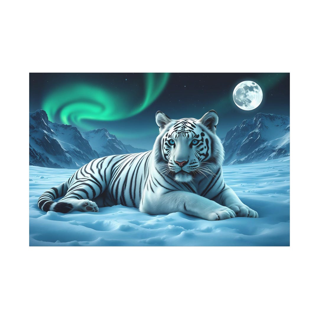 Beautiful White Tiger Laying in the Snow in Moonlight With Glowing ...