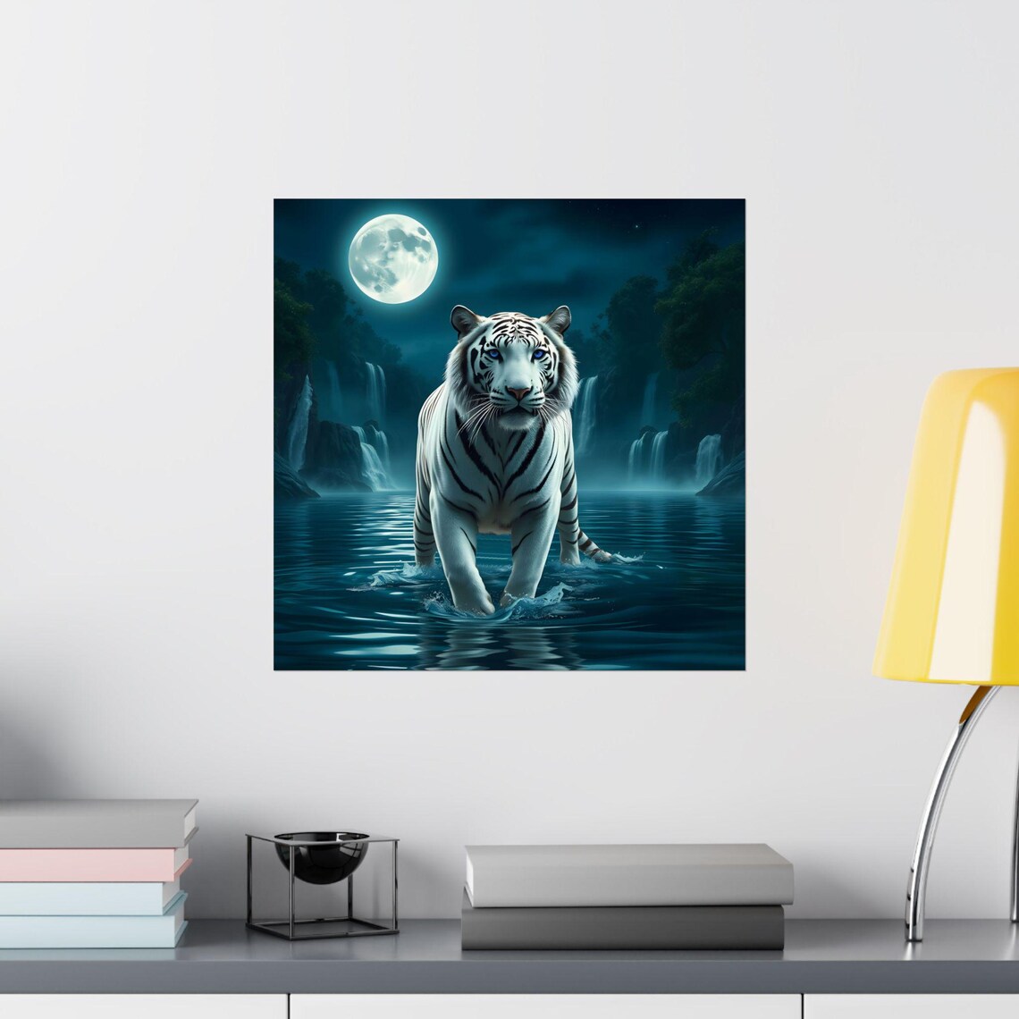 Beautiful White Tiger in the Moonlight With Waterfalls Wildlife Matte ...