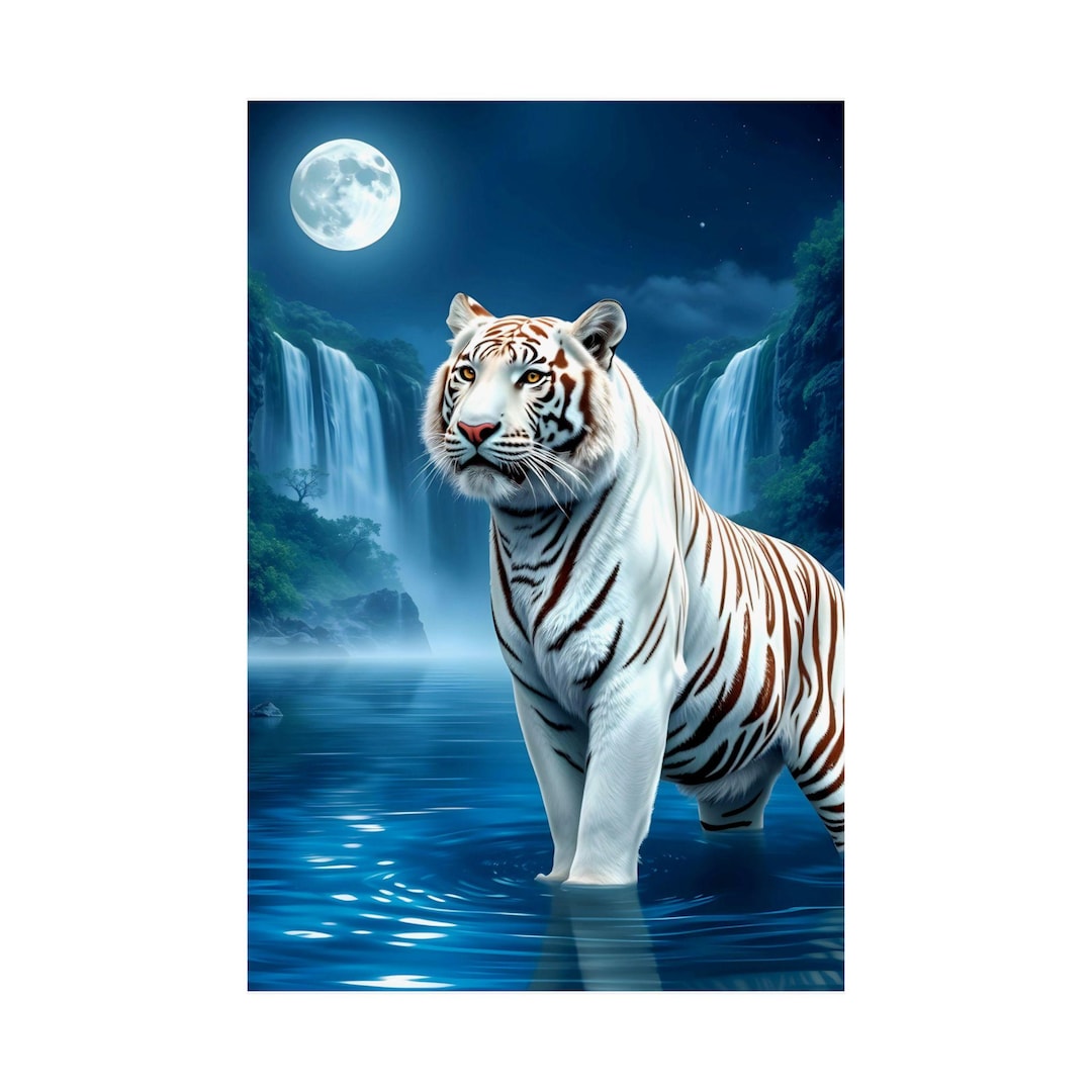 Beautiful White Tiger Under A Full Moon With Waterfalls in the ...