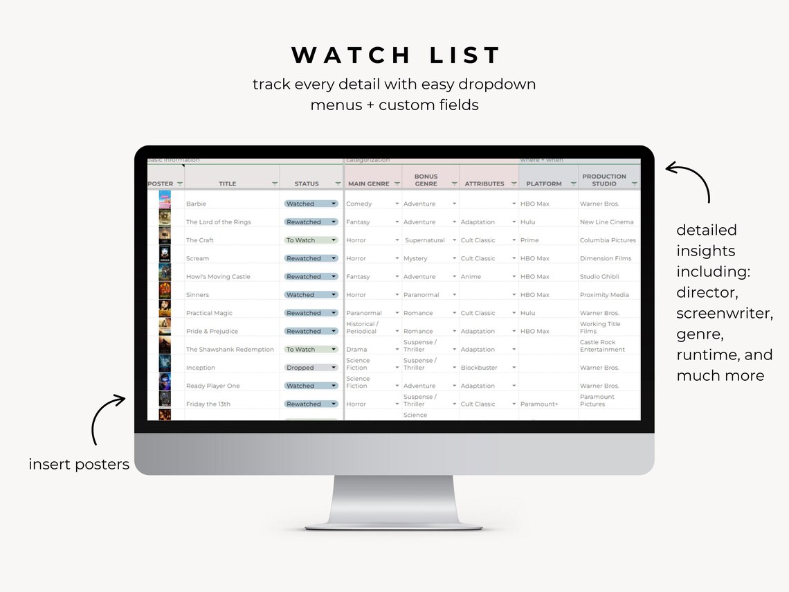 Movie Tracker Spreadsheet | Digital Watchlist Journal | Google Sheets ...