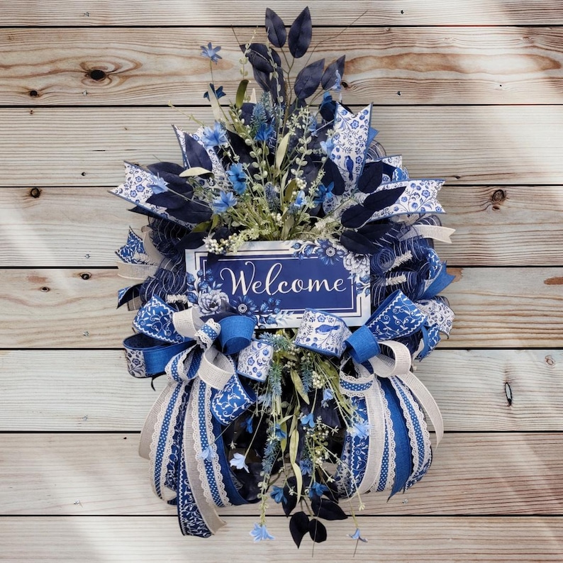 Elegant Blue & White Welcome Wreath - Etsy