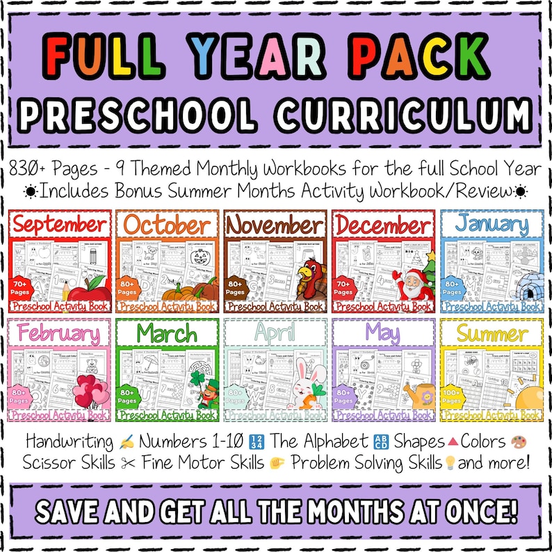 Full Year Preschool Activity Workbooks Age 3-5, Preschool Curriculum ...