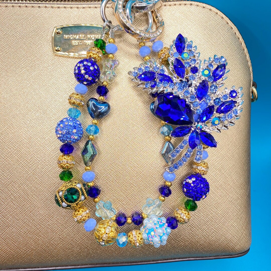 Blue Rhinestone FLOWER BOUQUET Bag Charm Chain: Crystal Beaded Phone ...