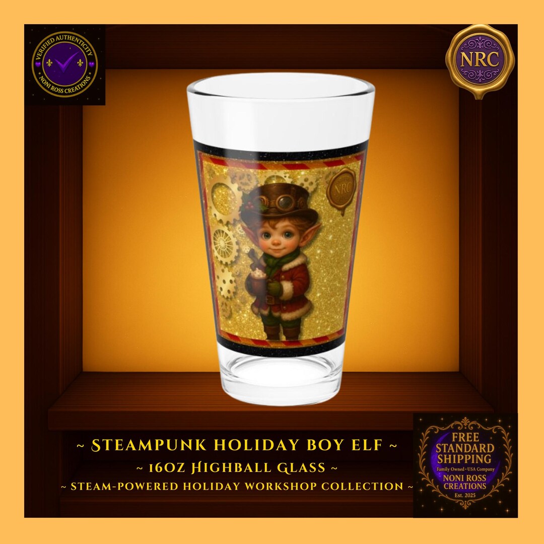 Steam Powered Boy Elf Highball Glass 16oz | Holiday Steampunk Drinkware ...
