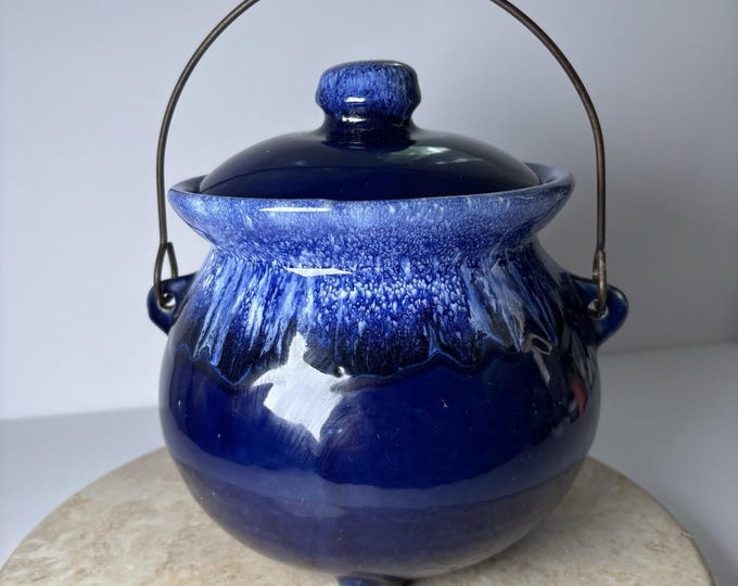 Hull Pottery USA Cobalt Blue Drip Glaze Cauldron Bean Pot Bale Wire ...