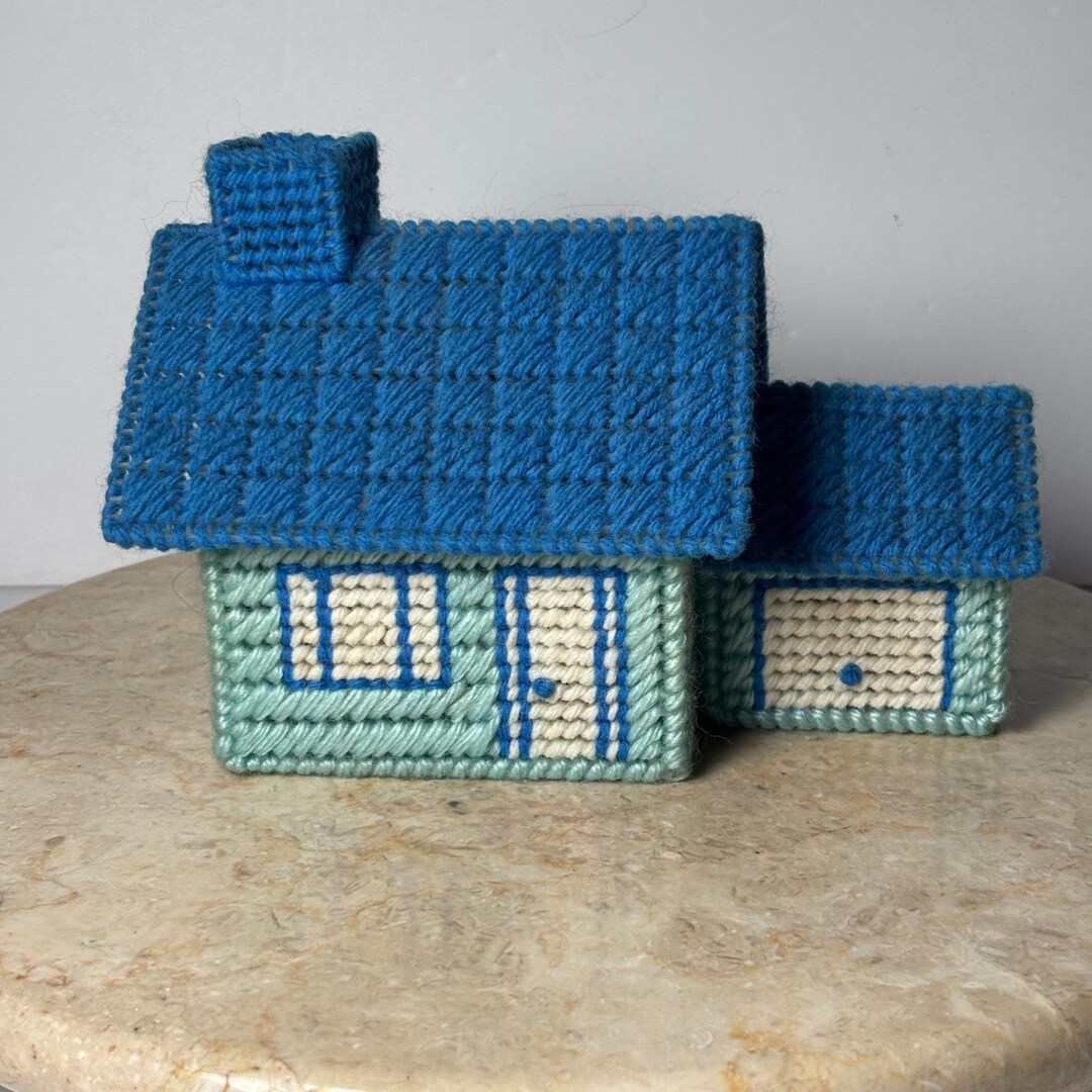 Handmade Plastic Canvas Blue Green House Figurine Mini Collectible ...