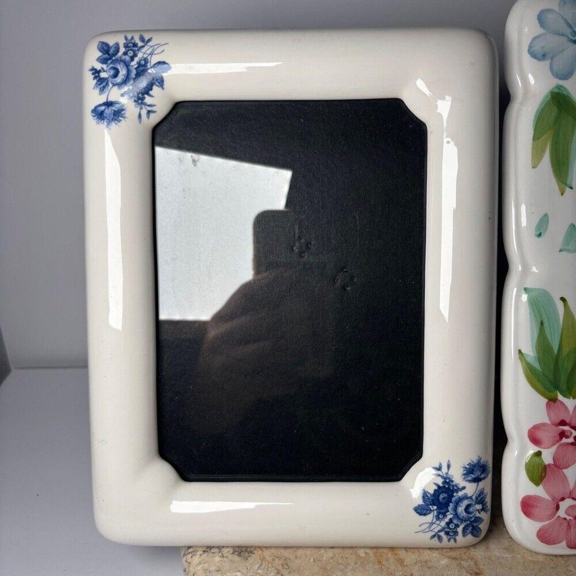 Two Vintage Ceramic Floral Photo Frames Lot Cottage Watercolor Blue ...