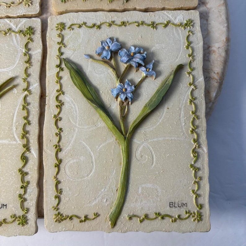 Vintage Cheri Blum 3D Floral Wall Plaque Tiles Tulip Forget Me Not Iris ...