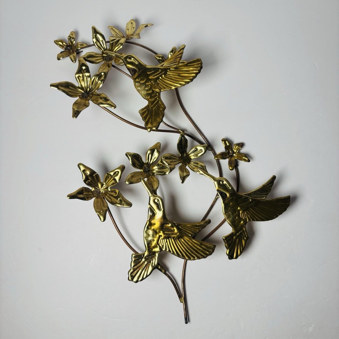 Metal Wall Art Hanging Brass Hummingbirds Flowers Birds Copper Branches ...