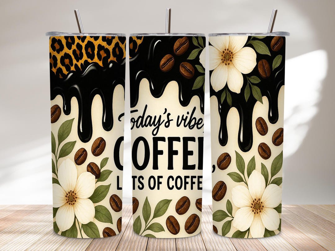 Coffee Vibe Leopard Print Wrap PNG, Black Drip Floral Coffee Design ...