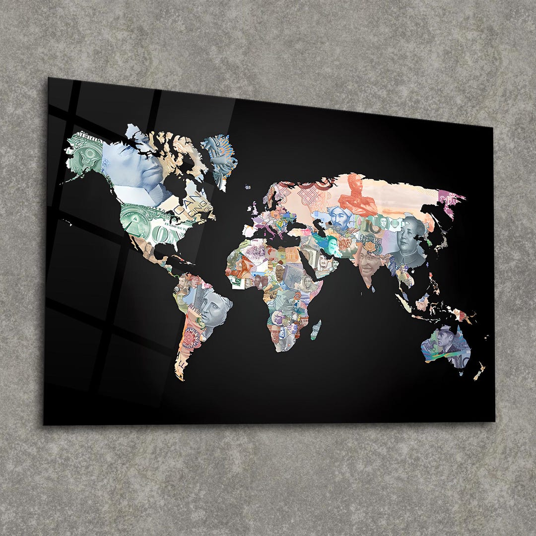 Money World Map Wall Art,world Map Wall Decor,high Quality ,tempered ...