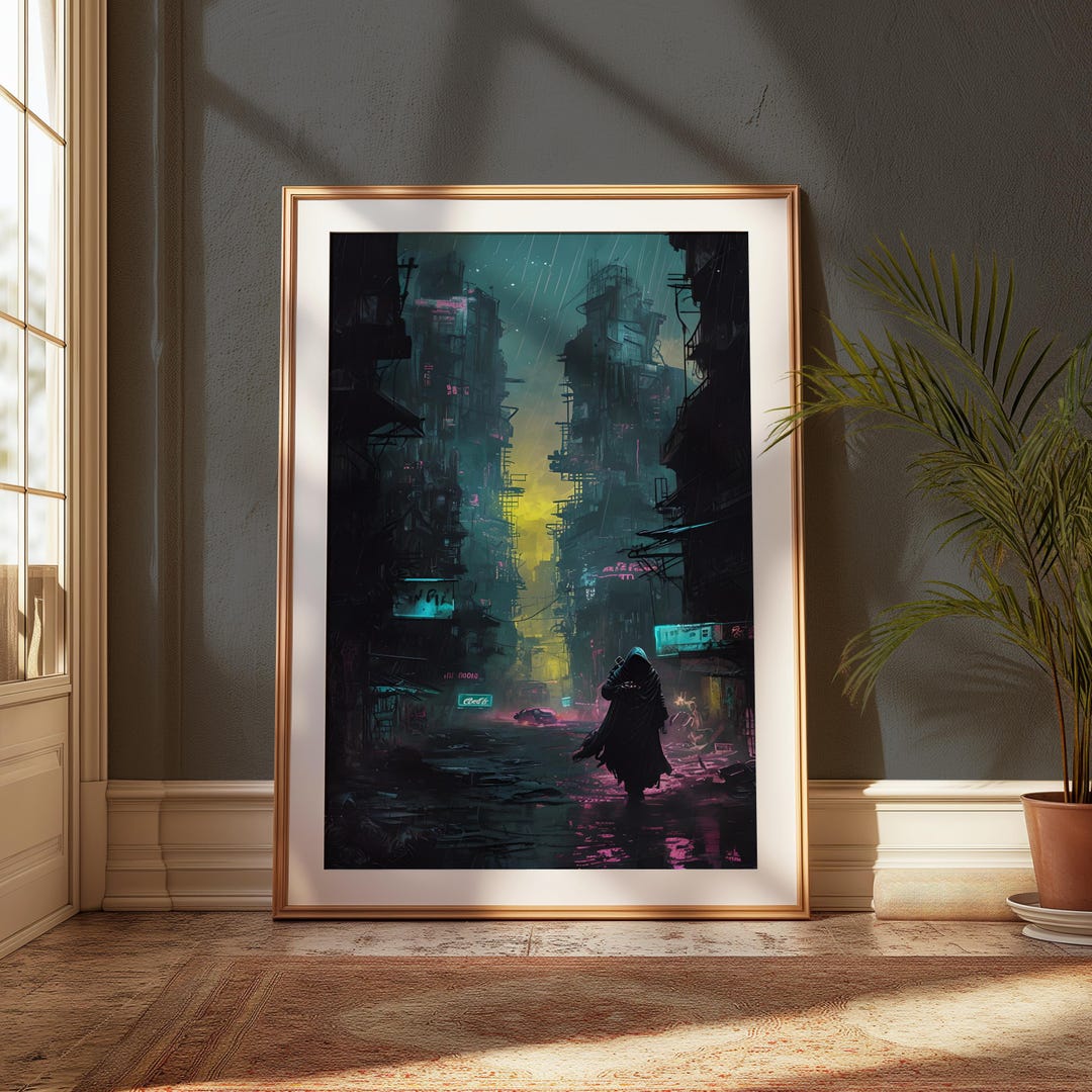 Cyberpunk Dystopian Poster - Futuristic Hooded Figure Wall Art, Neon ...
