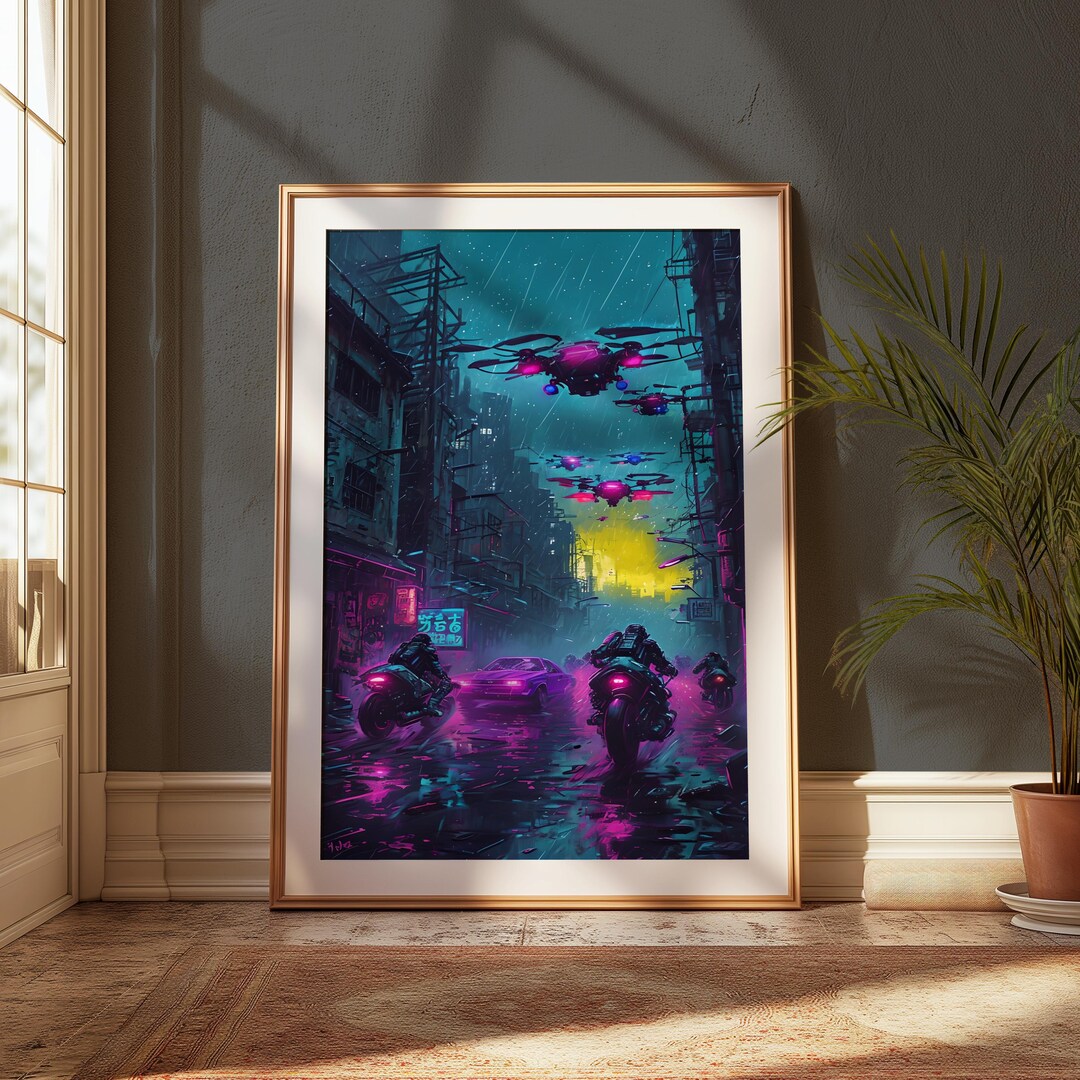 Cyberpunk Outlaw Biker Poster | Futuristic Dystopian Cityscape Wall Art ...