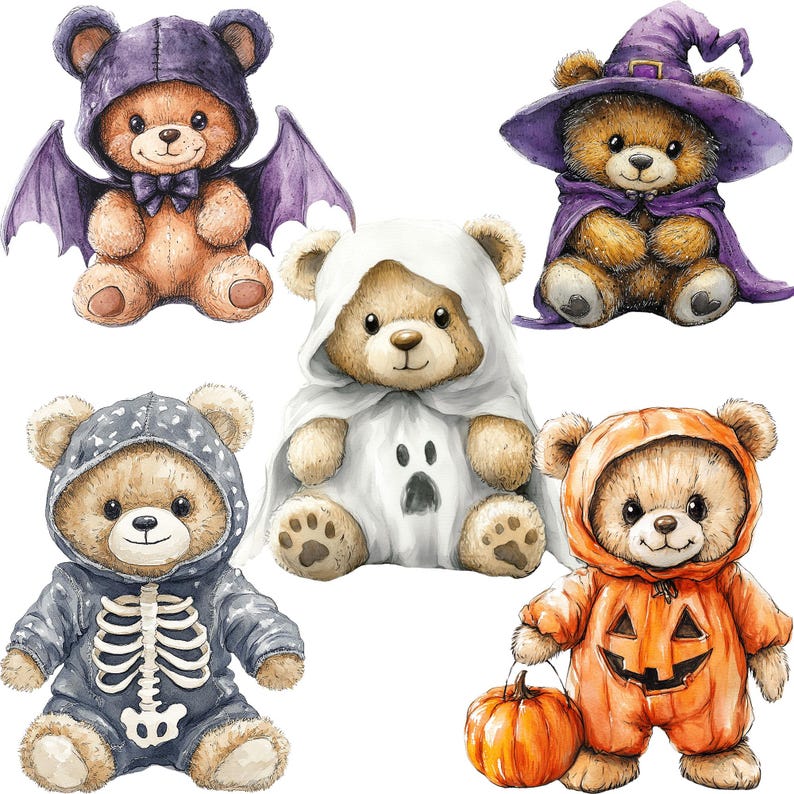 Watercolor Halloween Teddy Bear Clipart Bundle (PNG) - Etsy