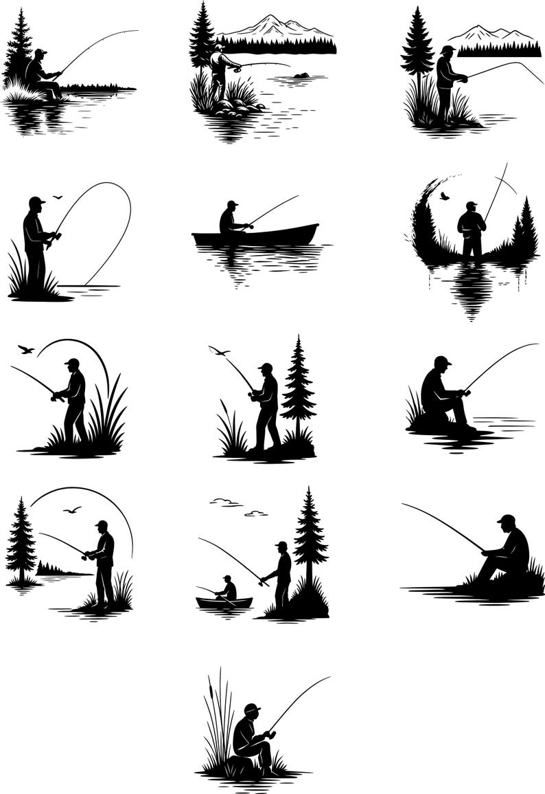 Fishing Lake Scene SVG Bundle: Fisherman Silhouette Clipart (digital ...