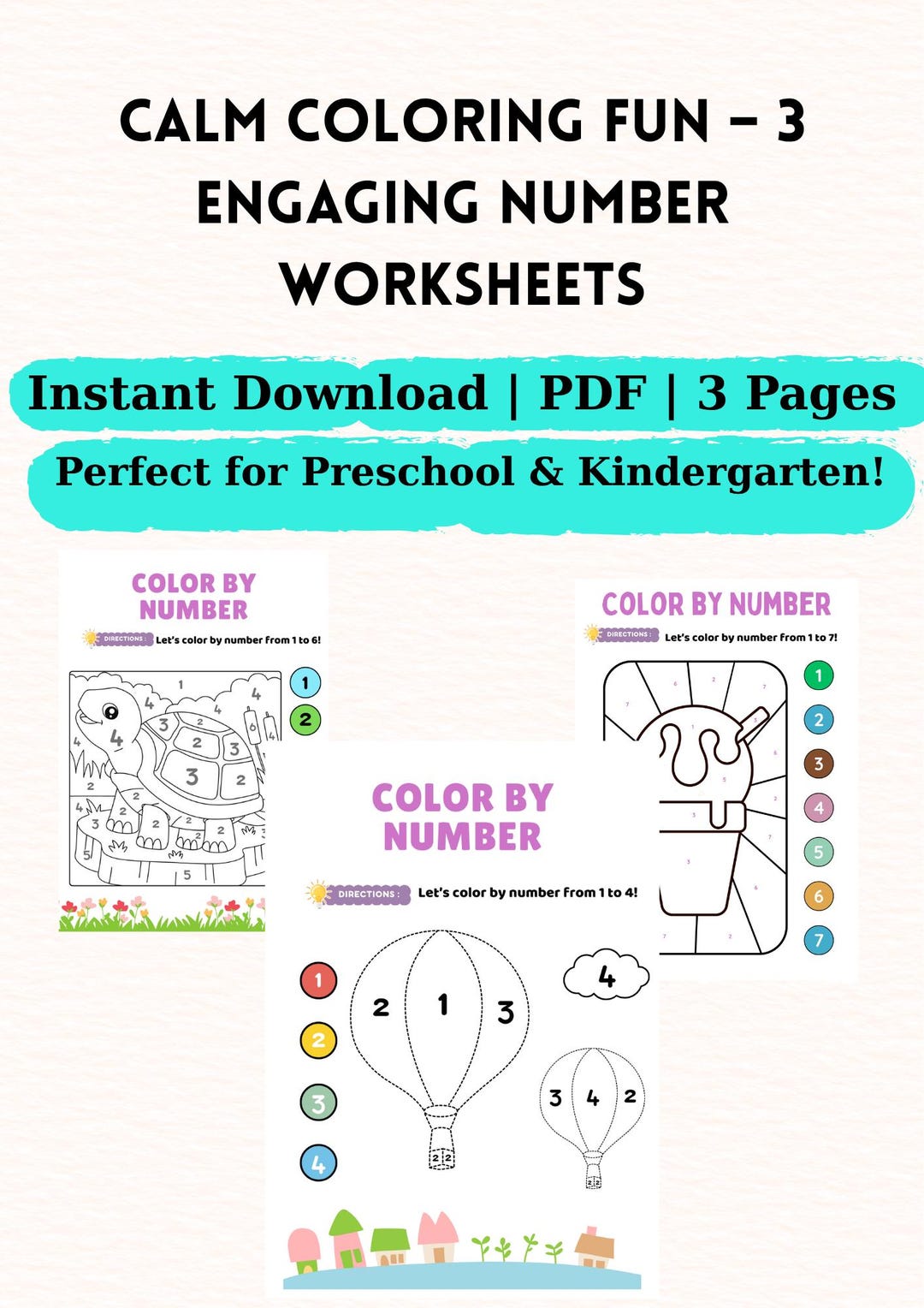 Color by Number Worksheets for Kids – Calm Theme | 3 Engaging Pages ...