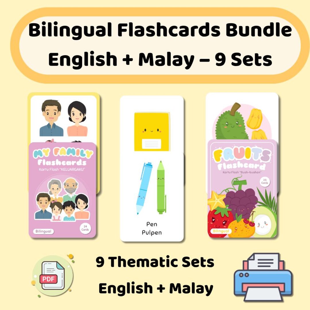 Bilingual Flashcards – English & Malay Vocabulary for Kids | 9 Thematic ...