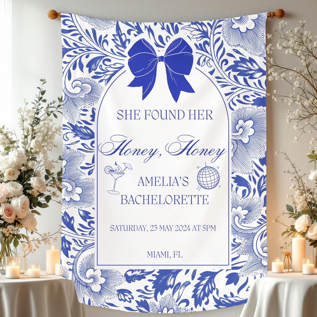 Blue French Toile Coquette Bachelorette Tapestry She Found Her Honey ...