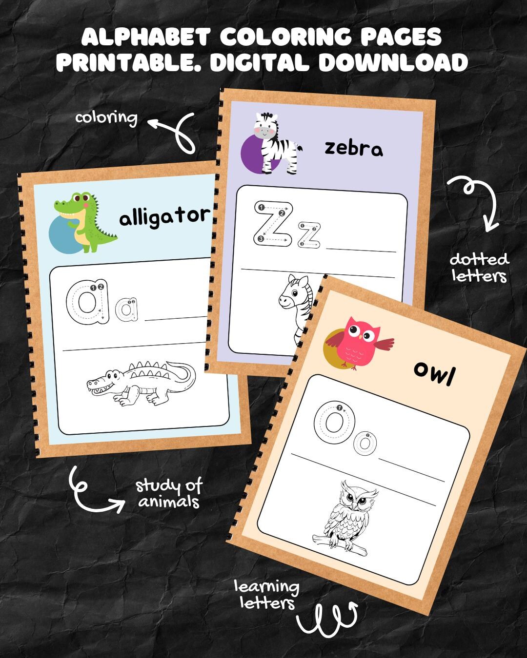 Kids Alphabet With Animals and Coloring Pages to Print, Digital Product ...
