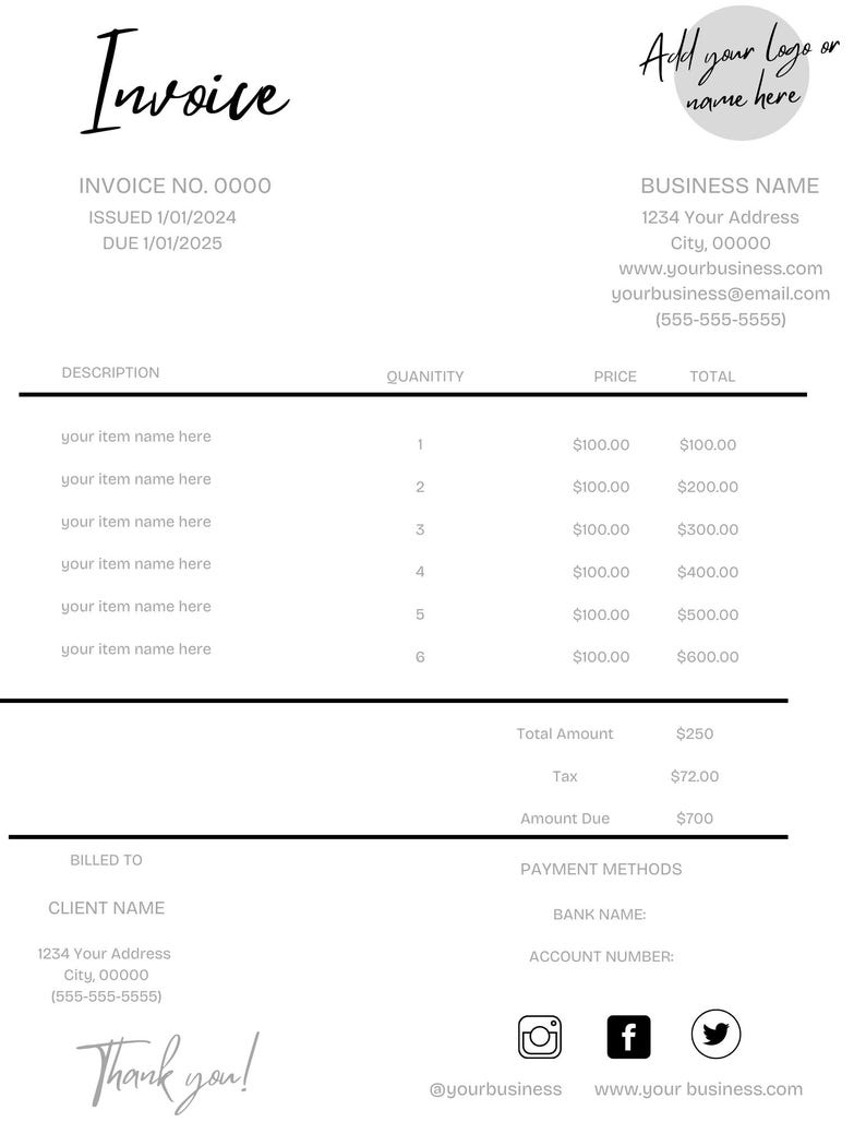 Minimalist Invoice Template, Editable Invoice, Printable, Digital ...