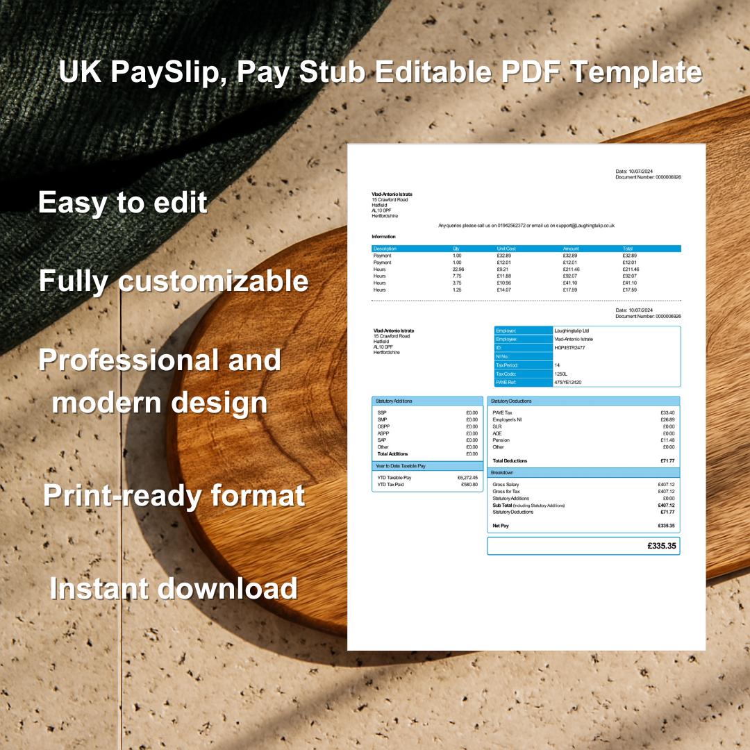 UK Employee Paystub Template, Editable Payslip PDF, Salary Slip ...