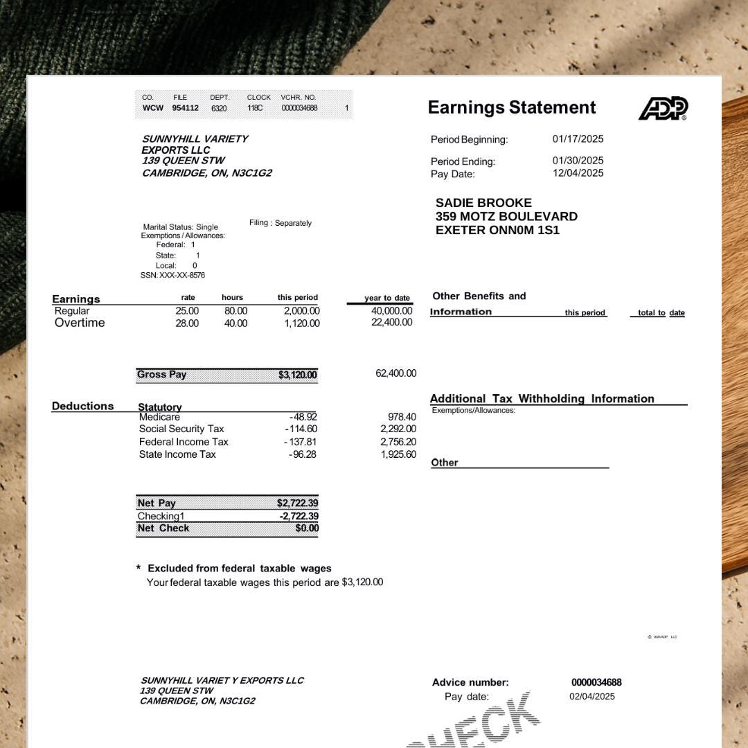 Canada Pay Stub Template Editable PDF, Canadian Check Stub & Payroll ...