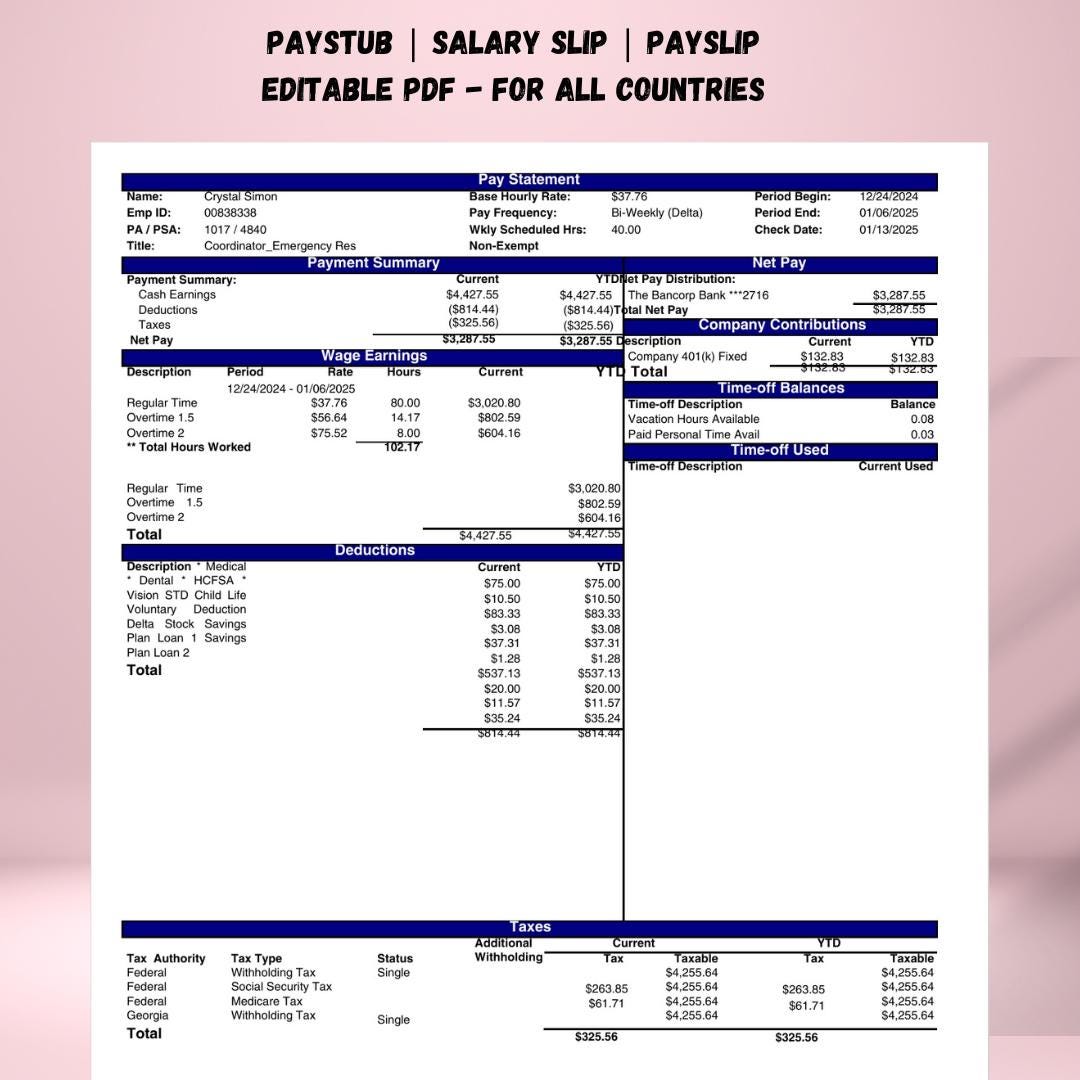 Paystub | Salary Slip | Payslip | Employee Payroll Statement - Payroll ...