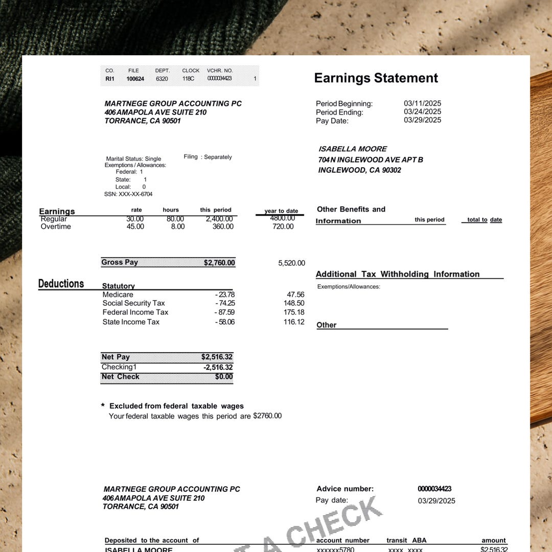 Editable Check Stub, Pay Stub, Payslip, Payroll Statement, Monthly Wage ...