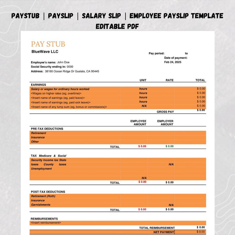 Paystub | Payslip | Salary Slip | Employee Payslip Template - Editable PDF - Employee Pay ...